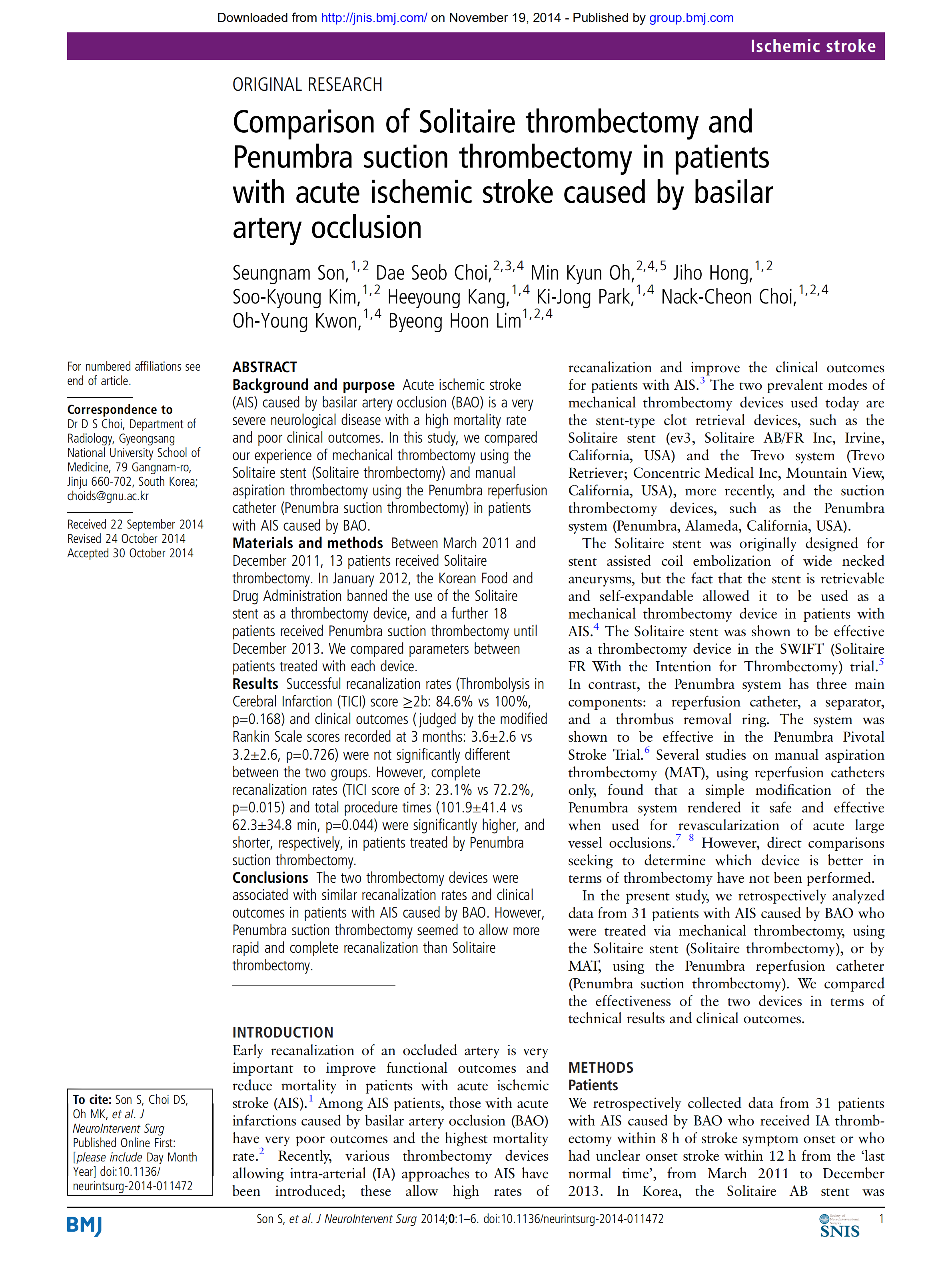 Comparison of Solitaire and Penumbra in BAO - Son JNIS 2014Nov - 脑医汇 ...